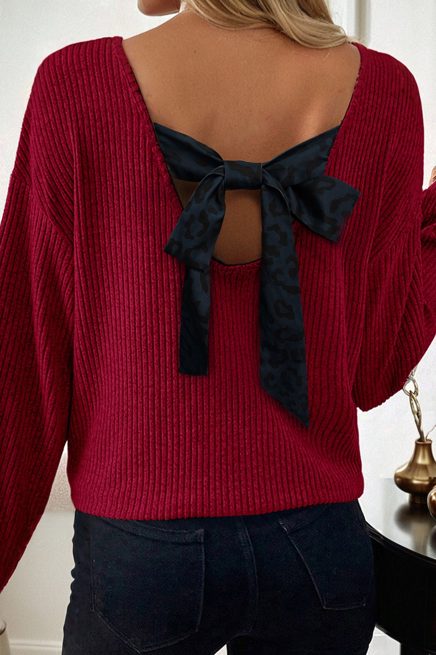 Racing Red Ribbed V Neck Contrast Ribbon Bow Back Drop Shoulder – Your ...